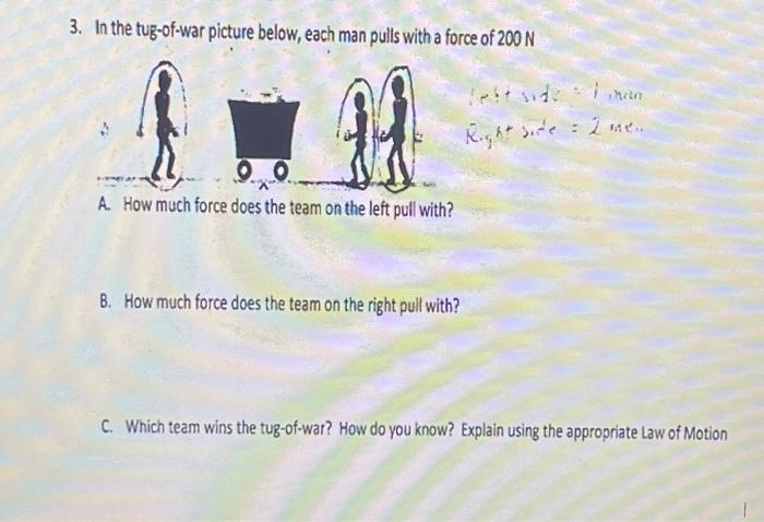 Solved 3. In the tug-of-war picture below, each man pulls | Chegg.com