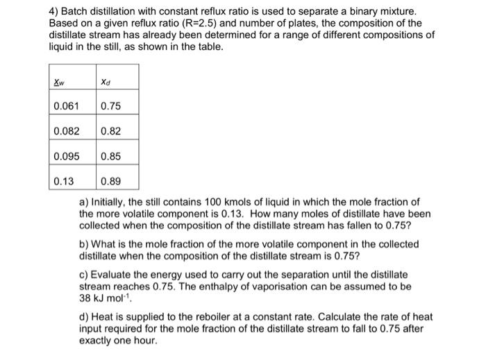 Solved 4) Batch distillation with constant reflux ratio is | Chegg.com