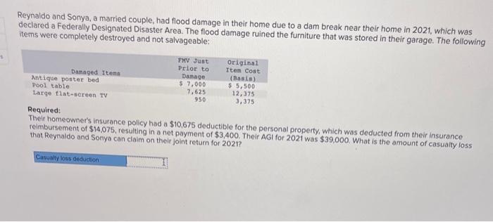 Solved Reynaldo and Sonya, a married couple, had flood | Chegg.com