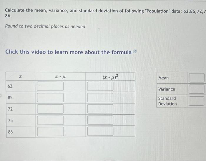 Solved Calculate the mean, variance, and standard deviation | Chegg.com