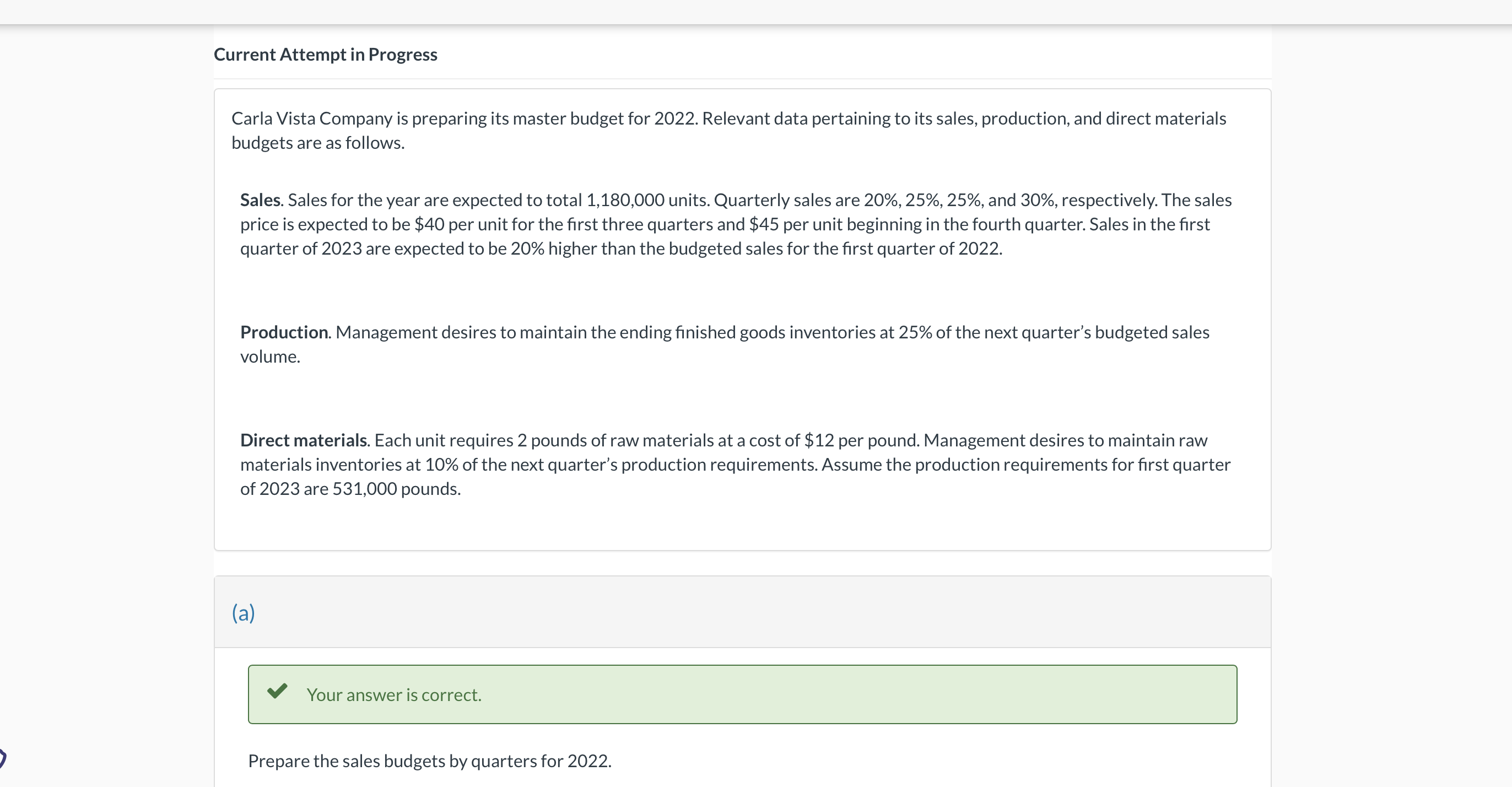Solved Current Attempt in Progress Carla Vista Company is | Chegg.com