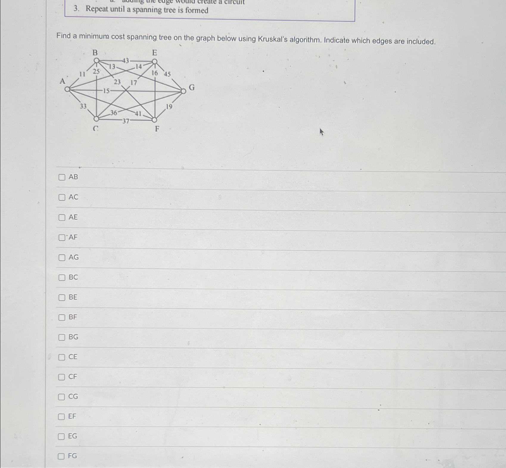 Solved Repeat until a spanning tree is formedFind a minimum | Chegg.com