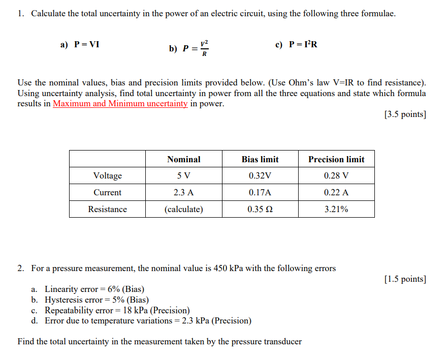 Solved Calculate the total uncertainty in the power of an | Chegg.com