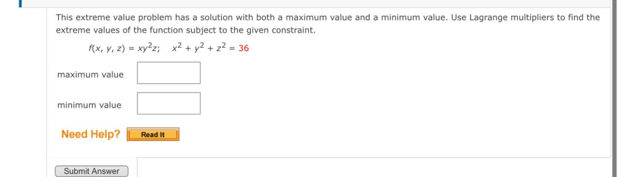 Solved This extreme value problem has a solution with both a | Chegg.com