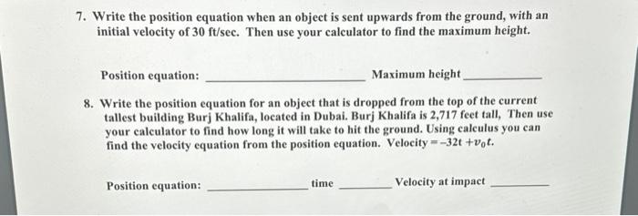 Solved 7. Write the position equation when an object is sent | Chegg.com