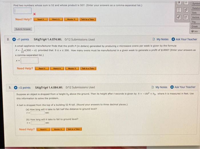 Solved Symbol Find two numbers whose sum is 52 and whose | Chegg.com