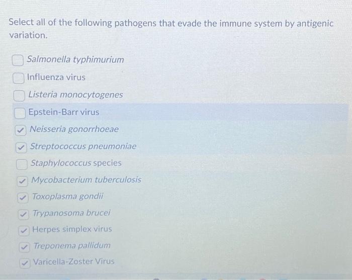 Solved Select all of the following pathogens that evade the | Chegg.com