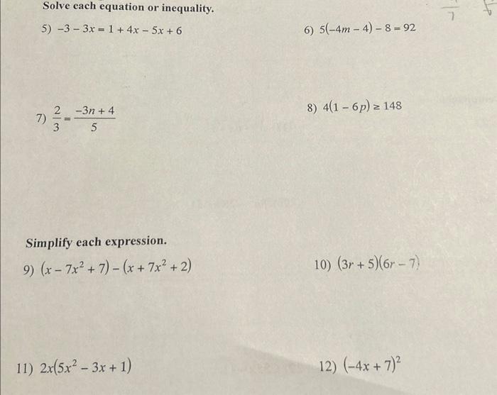 Solved Solve each equation or inequality. 5) −3−3x=1+4x−5x+6 | Chegg.com