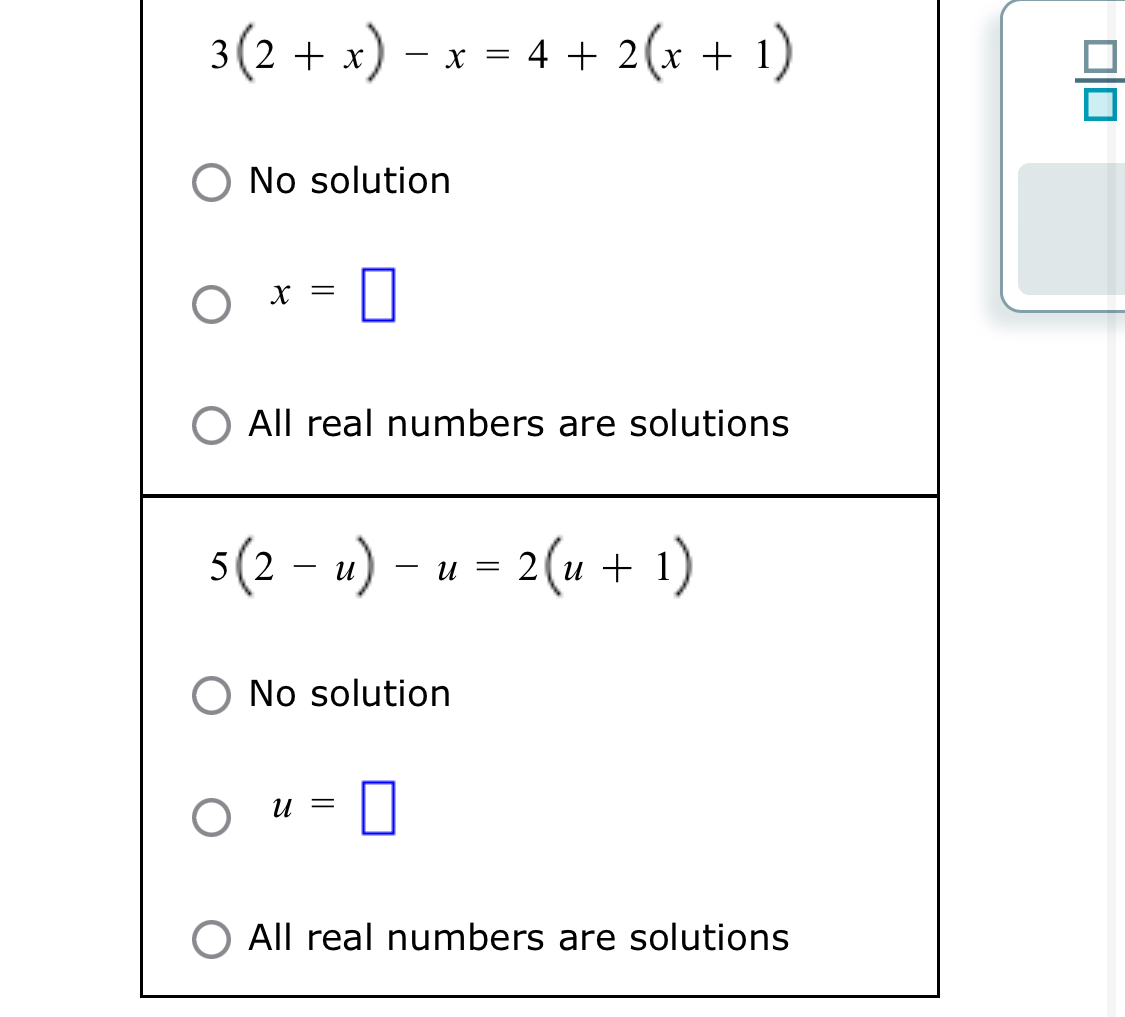 Solved 3(2+x)-x=4+2(x+1)No solutionx=All real numbers are | Chegg.com