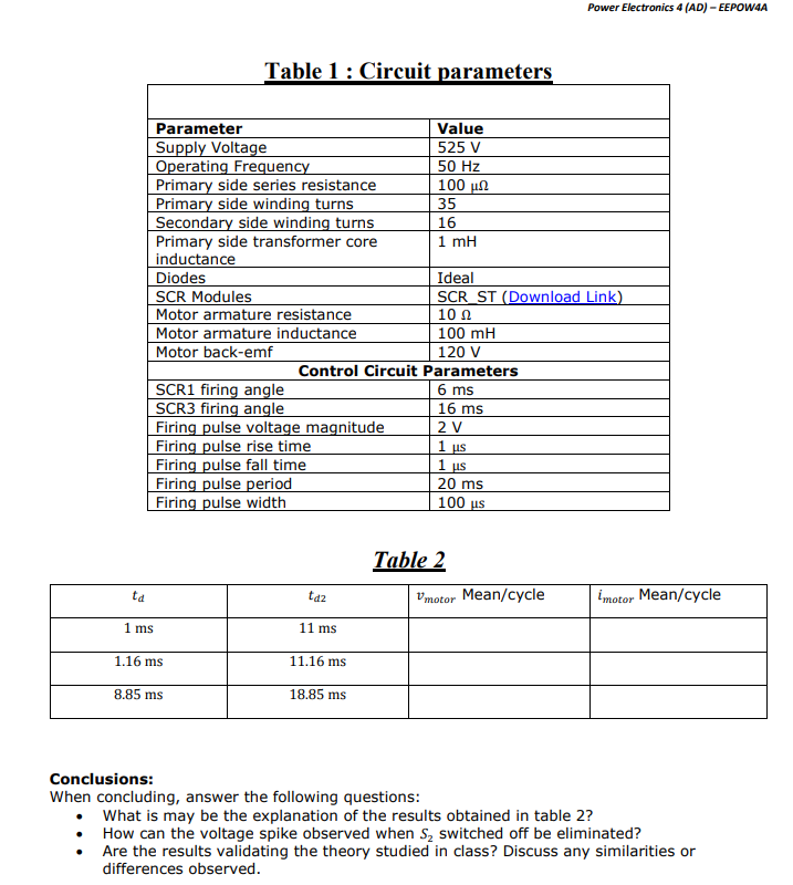 Solved Table 1: Circuit parametersTable 2Conclusions:When | Chegg.com