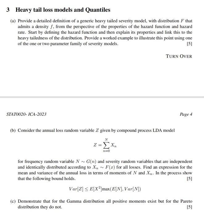 Solved 3 Heavy tail loss models and Quantiles (a) Provide a | Chegg.com