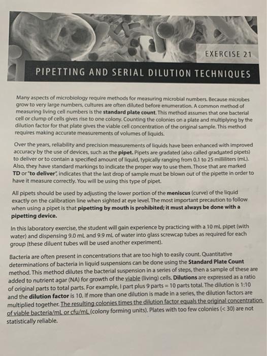 Solved EXERCISE 21 PIPETTING AND SERIAL DILUTION TECHNIQUES | Chegg.com