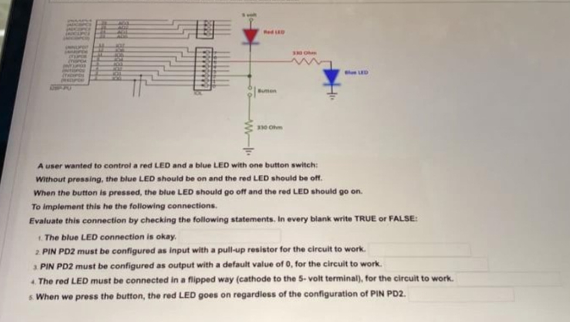 Solved A user wanted to control a red LED and a blue LED | Chegg.com