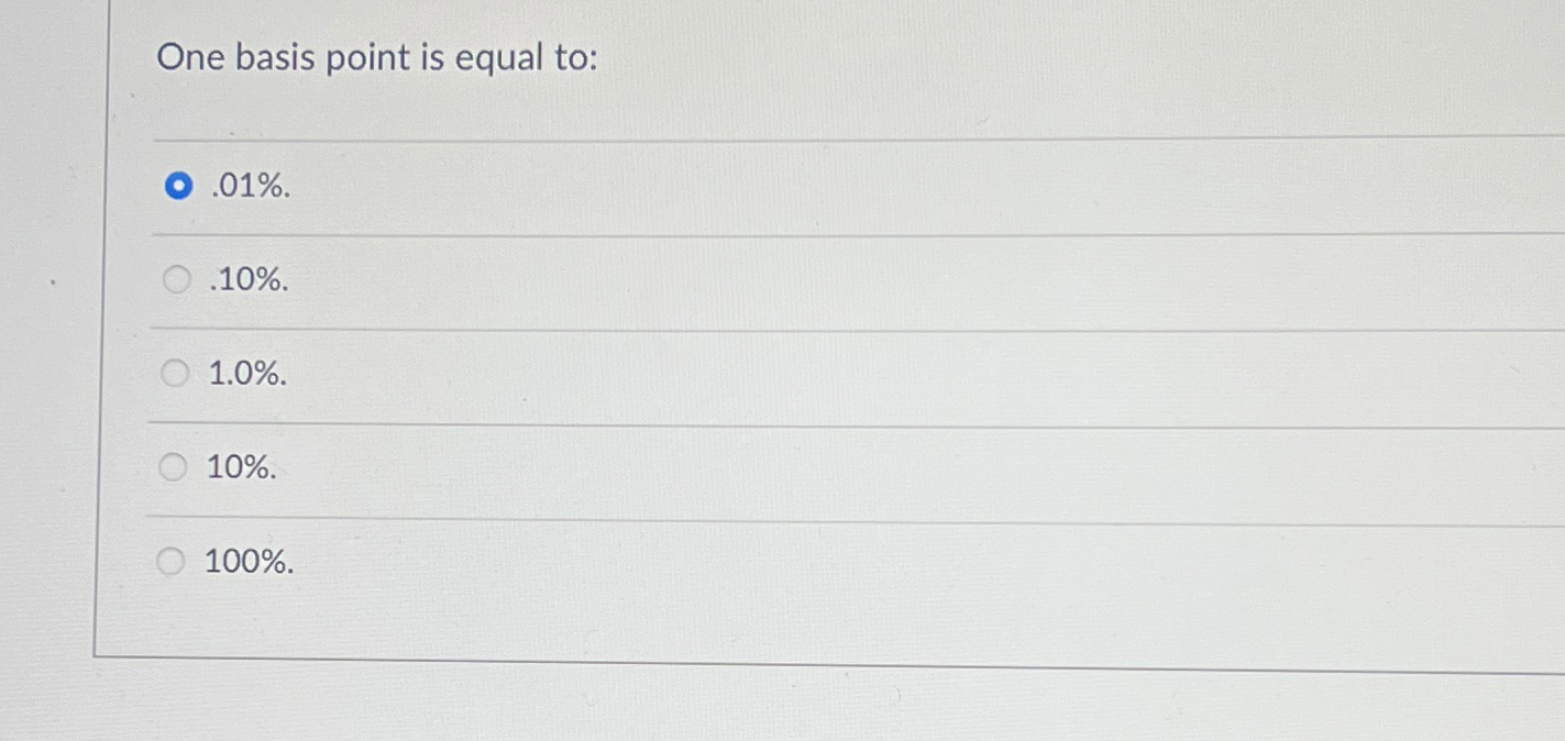 Solved One basis point is equal to:.01%..10%.1.0%.10%.100%. | Chegg.com