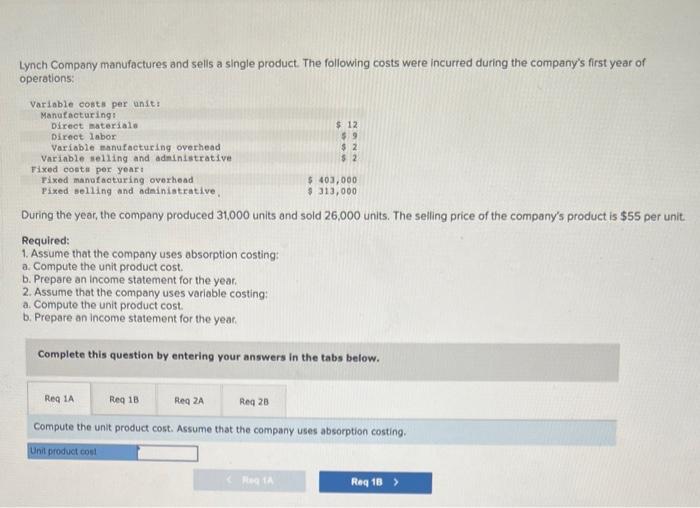 Solved Lynch Company manufactures and sells a single | Chegg.com