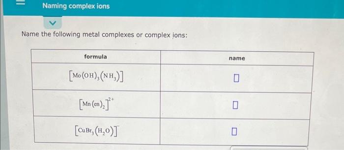 Solved Name the following metal complexes or complex ions: | Chegg.com
