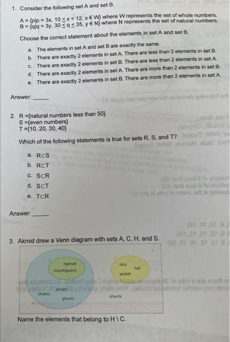 Solved 1. Consider the following set A and set B. | Chegg.com