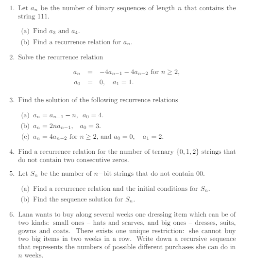 Let an ﻿be the number of binary sequences of length n | Chegg.com