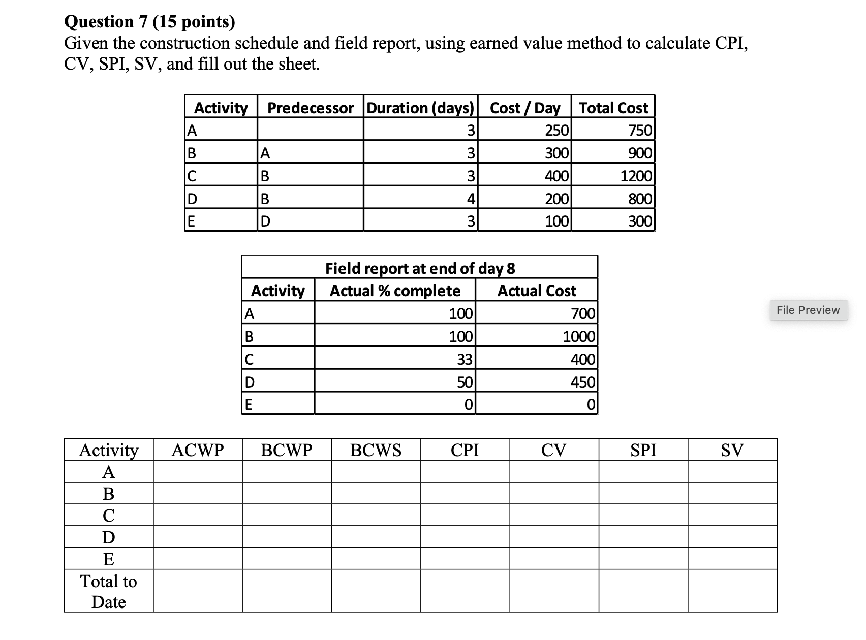 Solved Given the construction schedule and field report, | Chegg.com