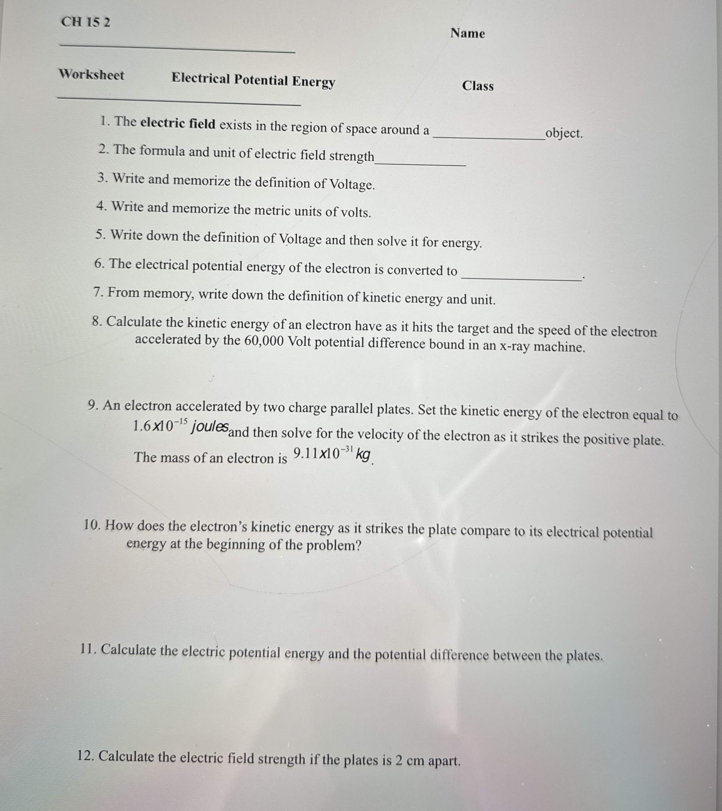 Solved CH 152NameWorksheetElectrical Potential | Chegg.com