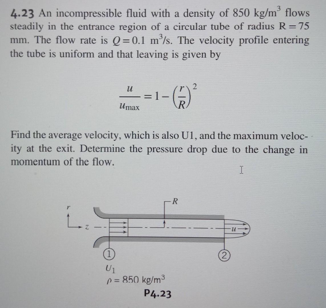 Solved 4.23 An incompressible fluid with a density of 850 | Chegg.com