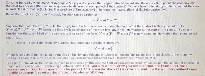 Solved Consider the sticky wage model of Aggregate Supply | Chegg.com