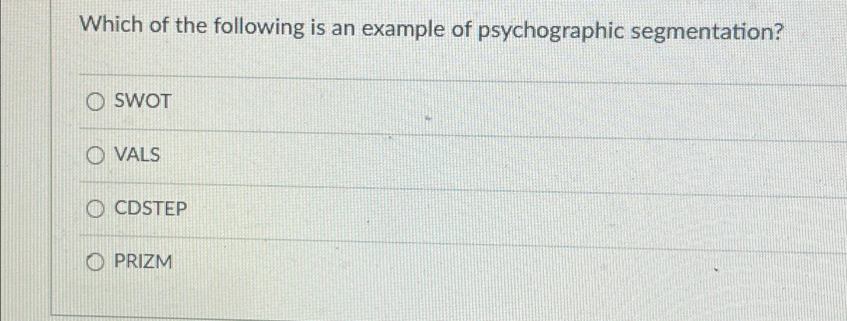 Solved Which of the following is an example of psychographic | Chegg.com