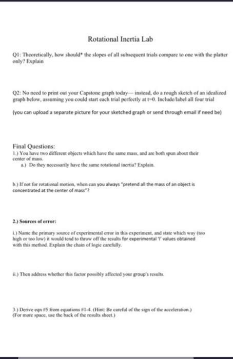 Solved Rotational Inertia Lab Q1: Theoretically, how should" | Chegg.com