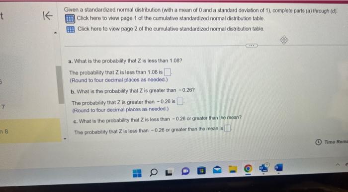 Given a standardized normal distribution (with a mean | Chegg.com