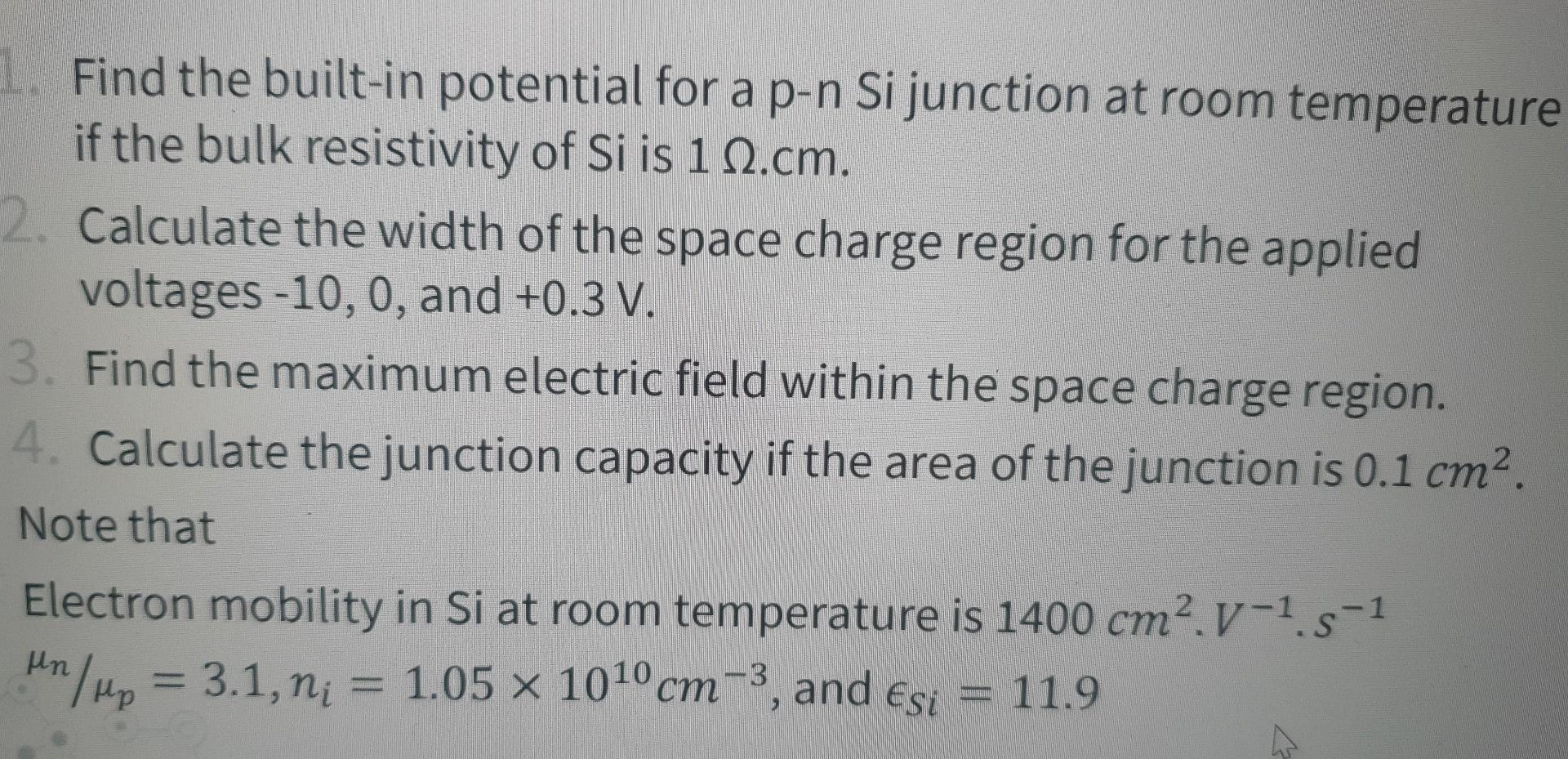 Solved 1. Find the built-in potential for a p-n Si junction | Chegg.com