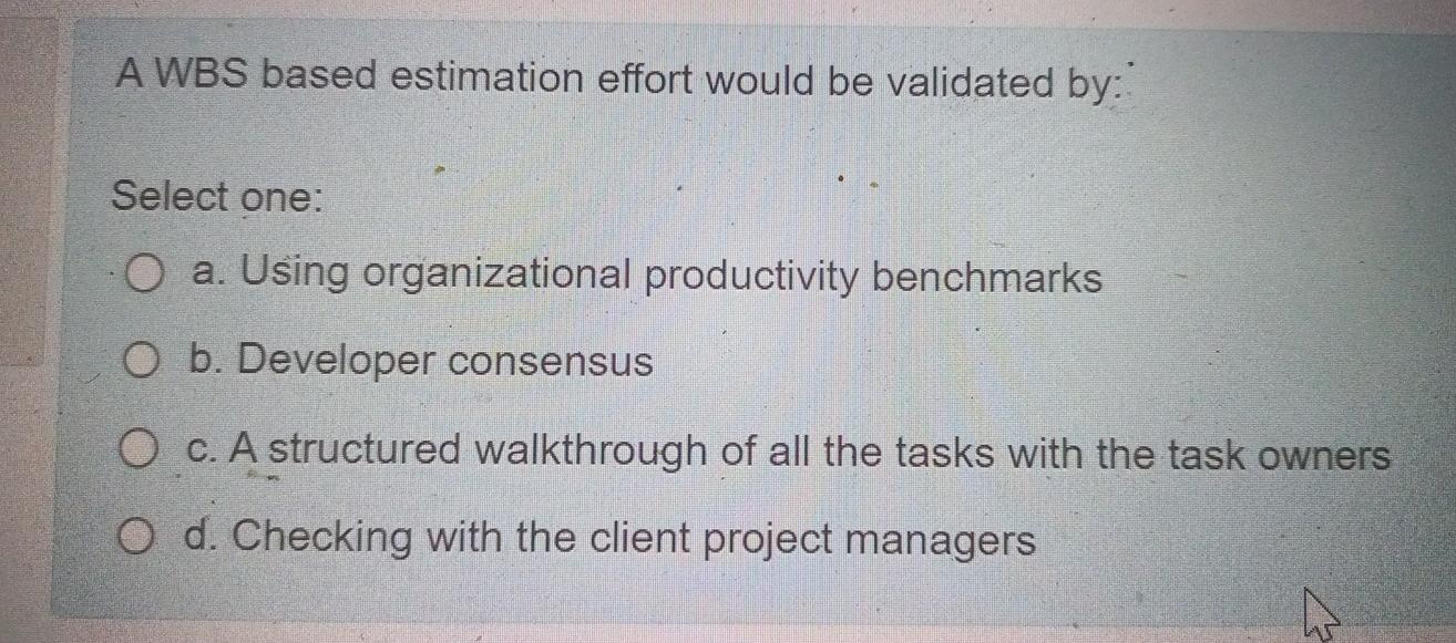 Solved A WBS based estimation effort would be validated | Chegg.com