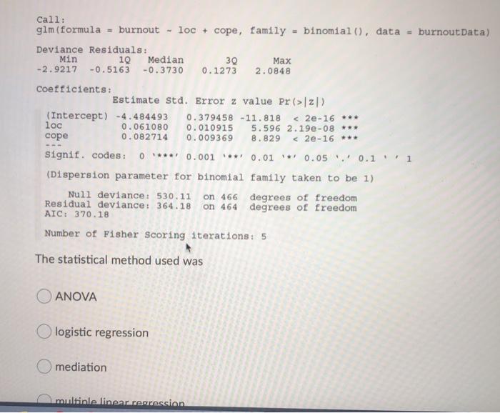 Solved Call: glm (formula = burnout - loc + cope, family - | Chegg.com