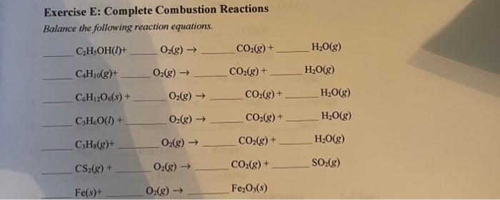 Solved Exercise E: Complete Combustion Reactions Balance the | Chegg.com