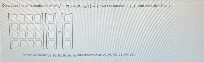Solved Discretize the differential equation y−2ty=2t,y(1)=1 | Chegg.com