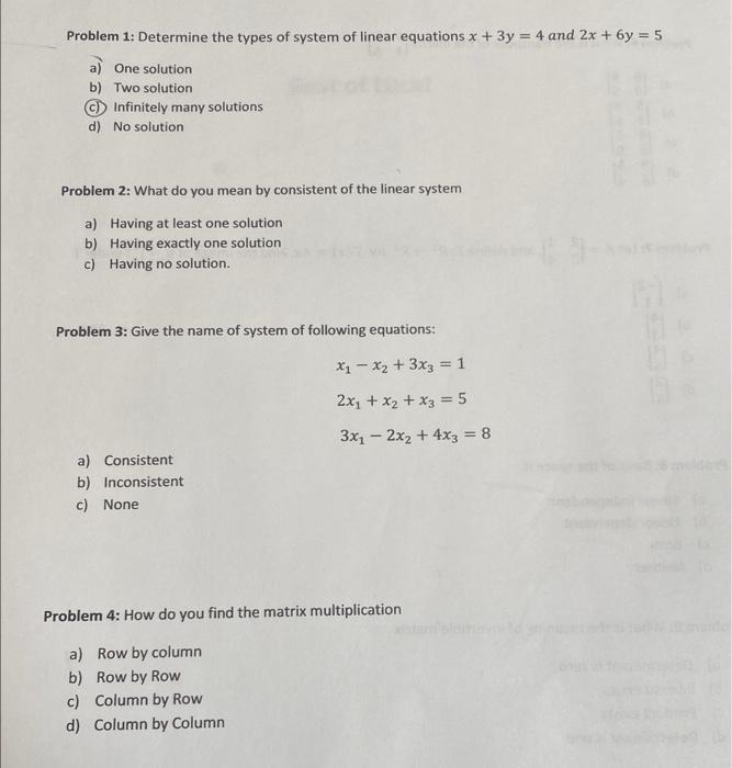 Solved Problem 1: Determine the types of system of linear | Chegg.com