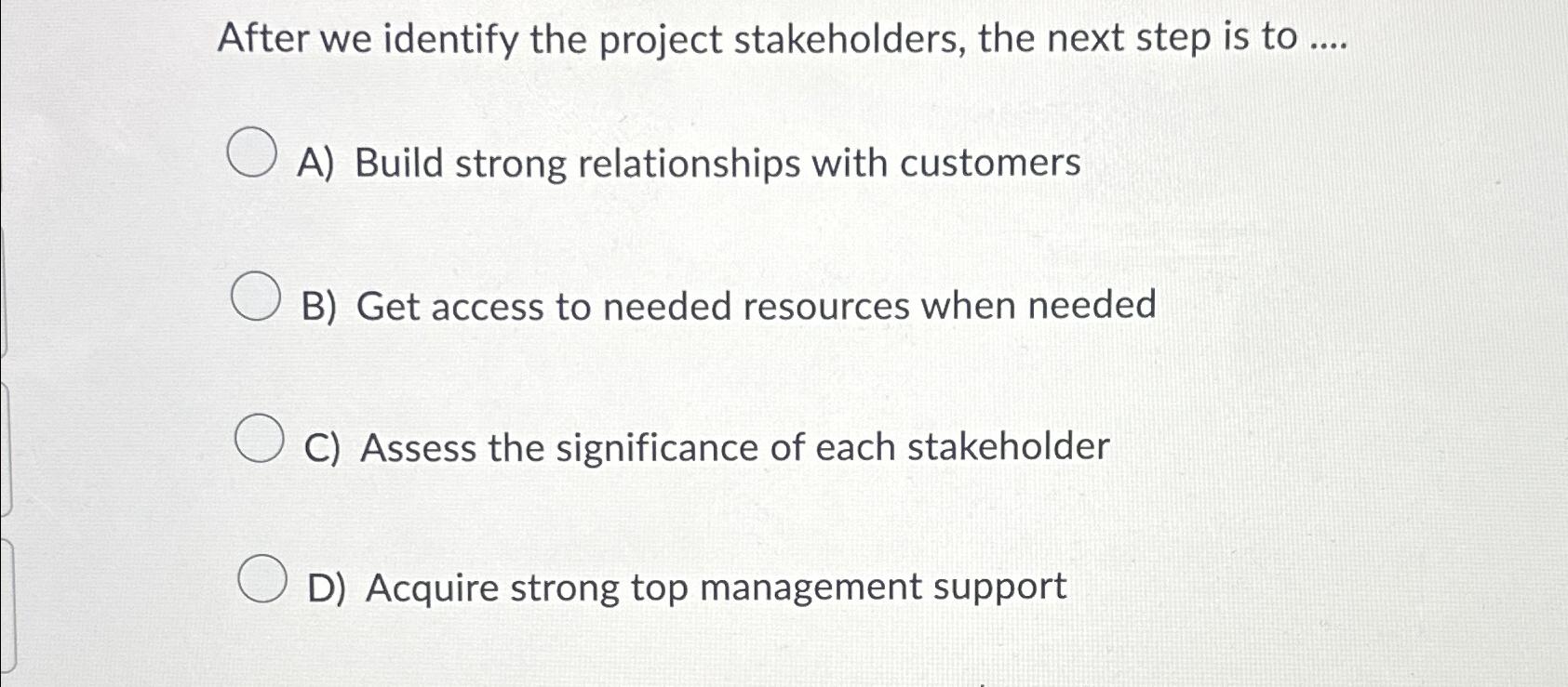 Solved After we identify the project stakeholders, the next | Chegg.com