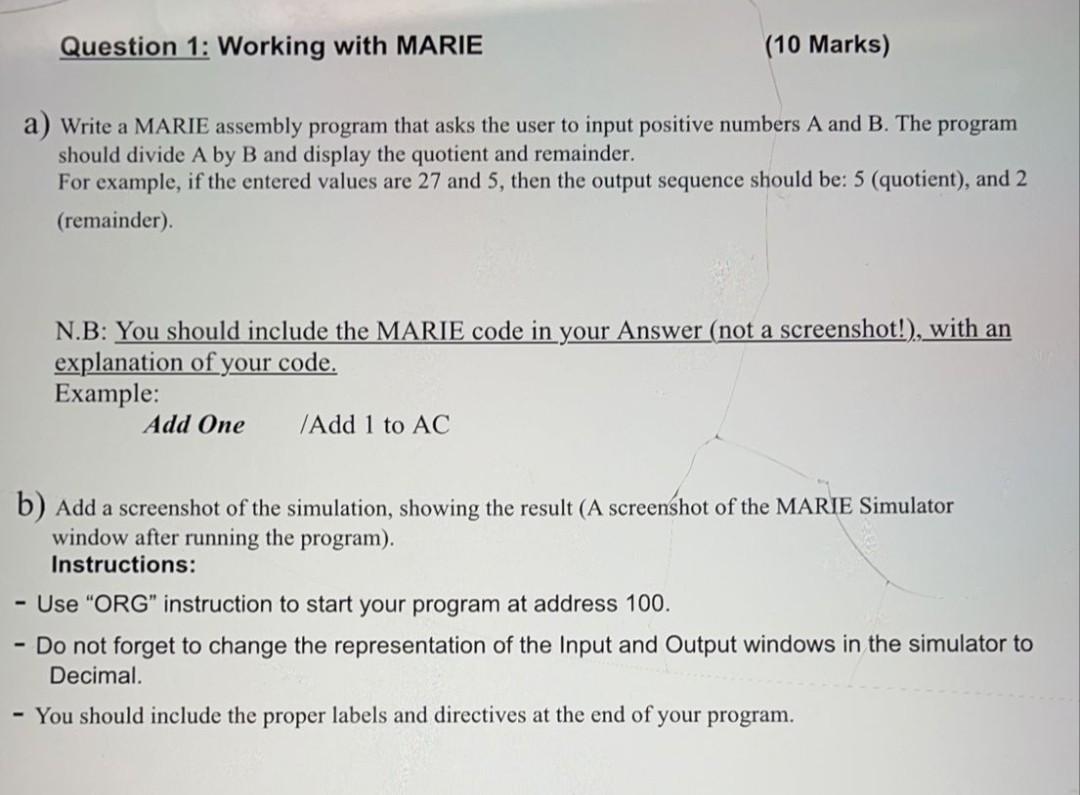 Solved Question 1: Working with MARIE (10 Marks) a) Write a | Chegg.com