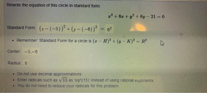 Solved Rewrite the equation of this circle in standard form: | Chegg.com