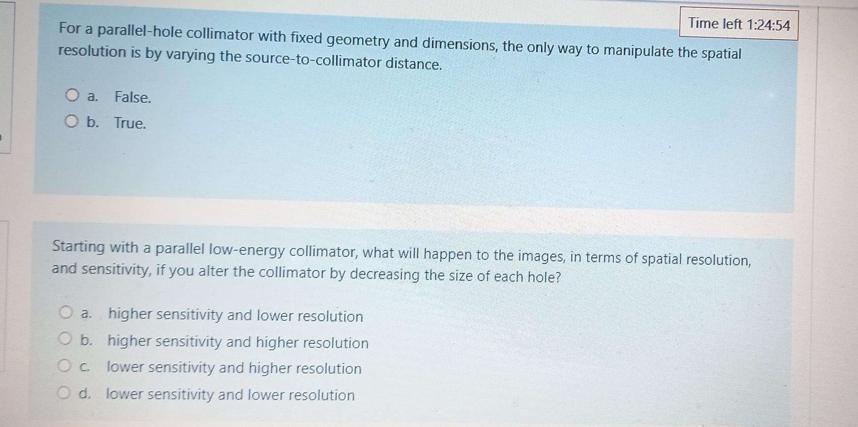 Solved Time left 1:24:54 For a parallel-hole collimator with | Chegg.com