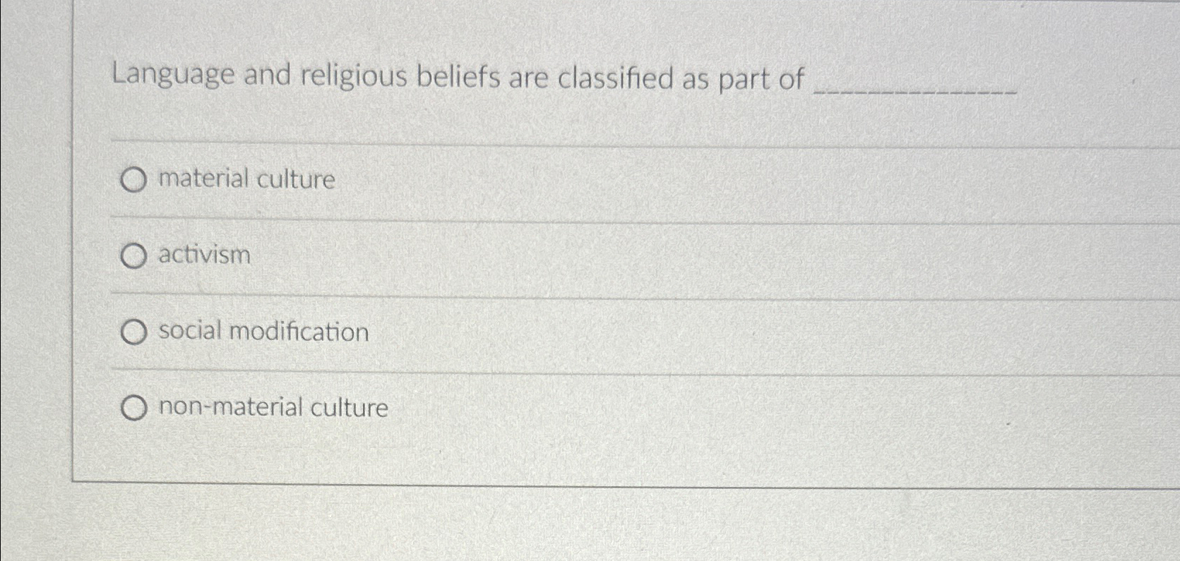 Solved Language and religious beliefs are classified as part | Chegg.com