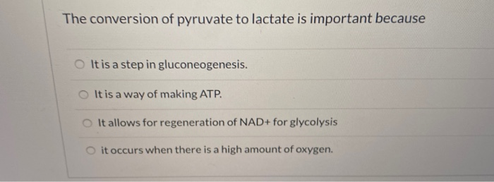 Solved The conversion of pyruvate to lactate is important | Chegg.com