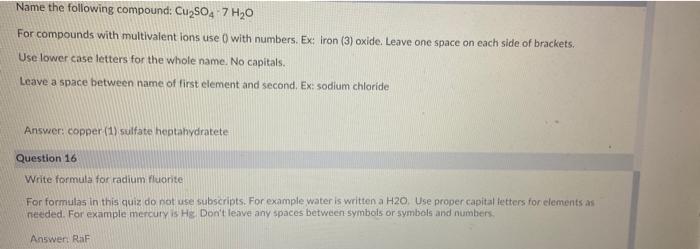 Solved Name the following compound: Cu2SO4-7 H20 For | Chegg.com