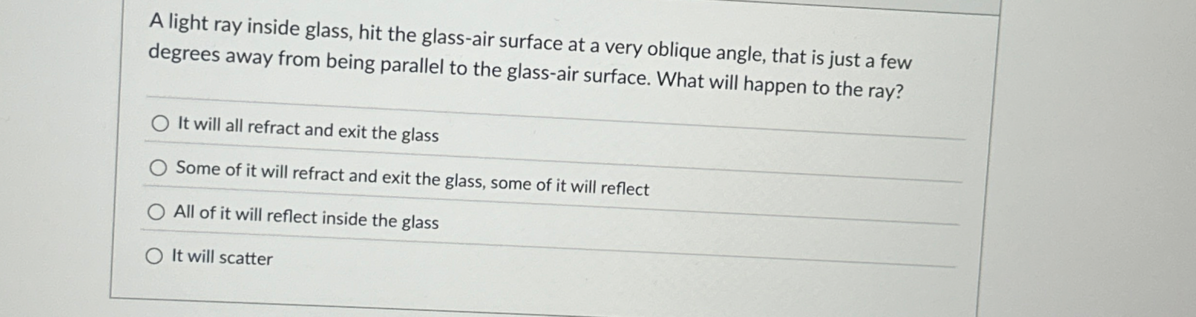 Solved A light ray inside glass, hit the glass-air surface | Chegg.com