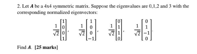 Solved 2. Let A be a 4x4 symmetric matrix. Suppose the | Chegg.com