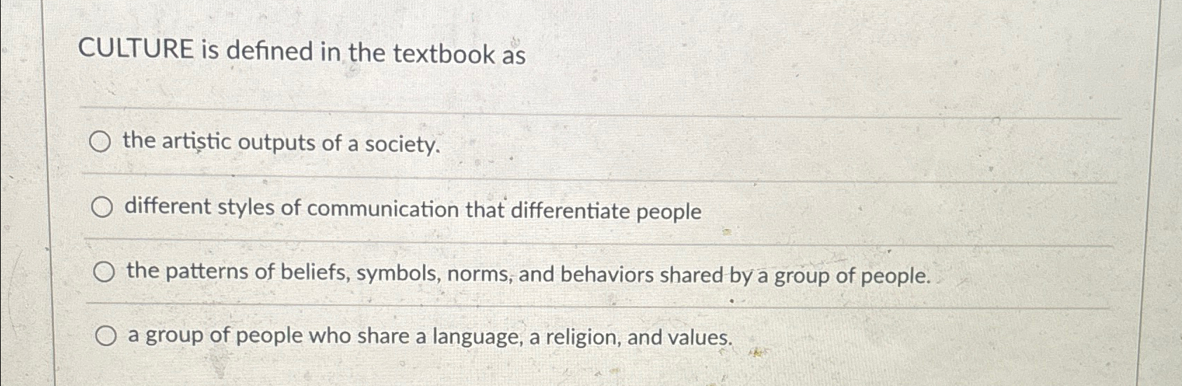 Solved CULTURE is defined in the textbook asthe artistic | Chegg.com