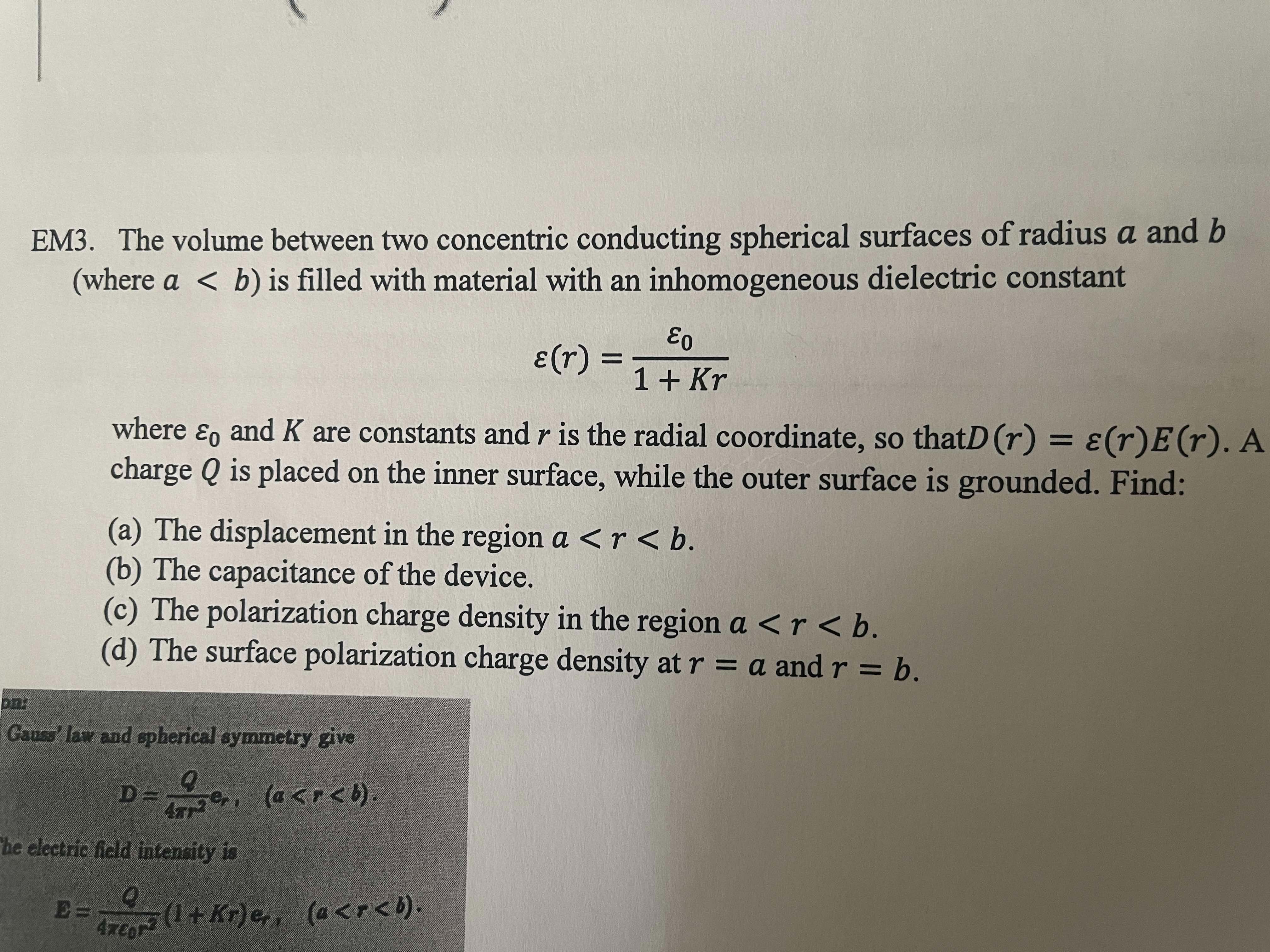 Solved EM3. ﻿The volume between two concentric conducting | Chegg.com