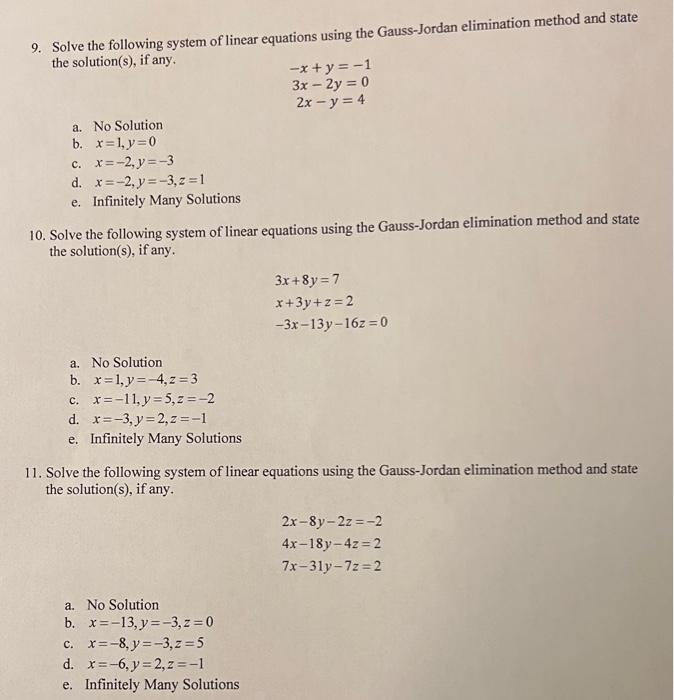 Solved 9. Solve the following system of linear equations | Chegg.com