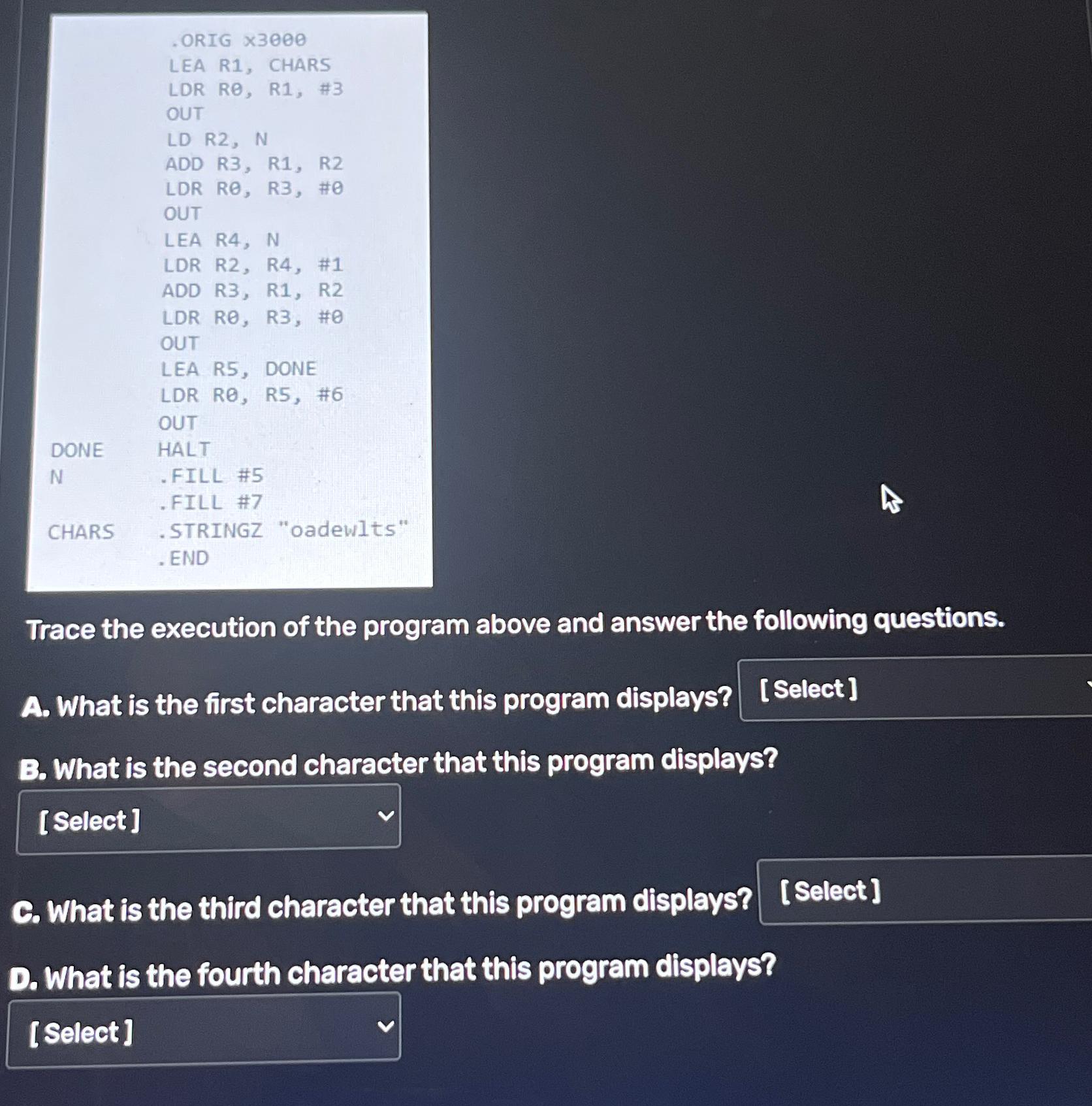 Solved .ORIG ×3000LEA R1, ﻿CHARSLDR Re, ﻿R1, ﻿#3OUTLD R2, | Chegg.com