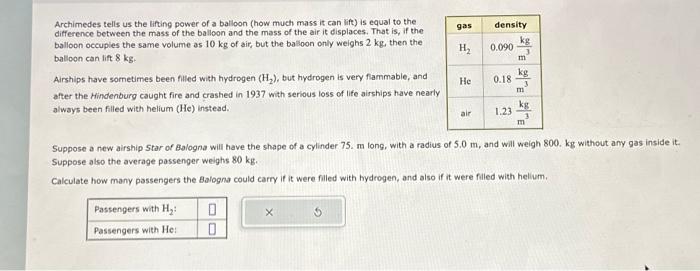 Solved Archimedes tells us the lifting power of a balloon | Chegg.com