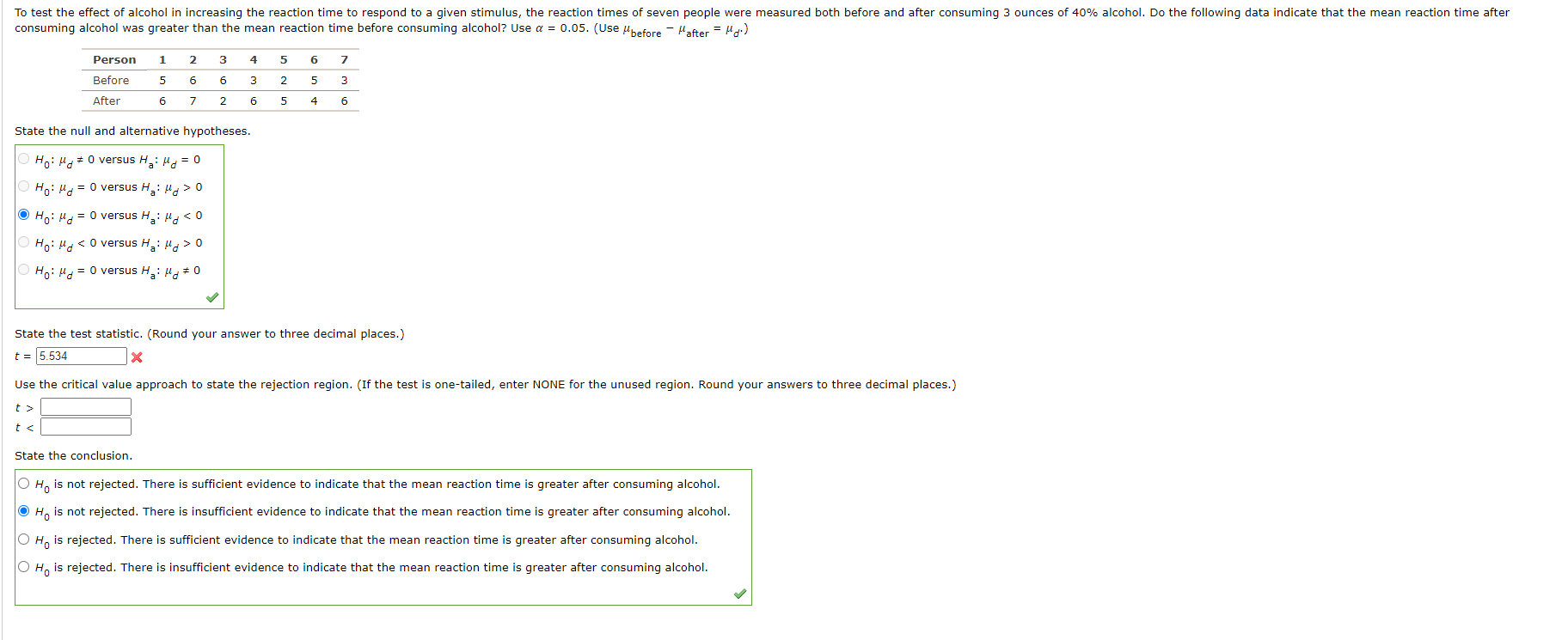 Solved consuming alcohol was greater than the mean reaction | Chegg.com